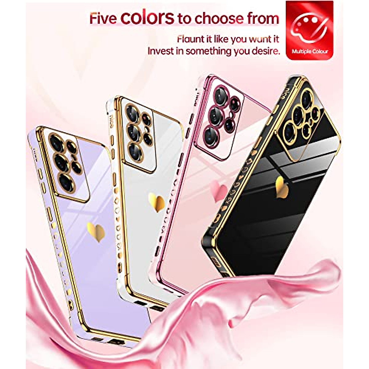 LeYi for S21 Ultra Case: with Full Camera Protection, Love Heart Plating Girly Women Cute Luxury Soft TPU Case for Samsung S21 Ultra, Pink