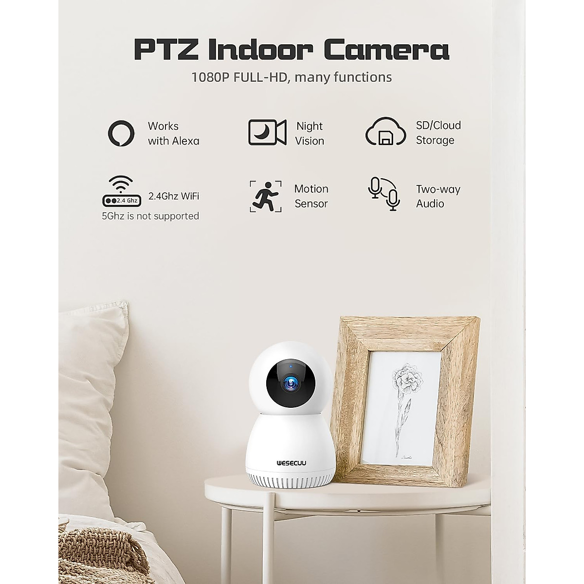 WESECUU Indoor Camera, 360 PTZ Pet Camera Dog Camera with Phone App, 2.4G WiFi Smart Video Baby Monitor Cameras for Home Security Indoor Motion Detection Siren 24/7 Night Vision 2 Way Talk Cloud/SD