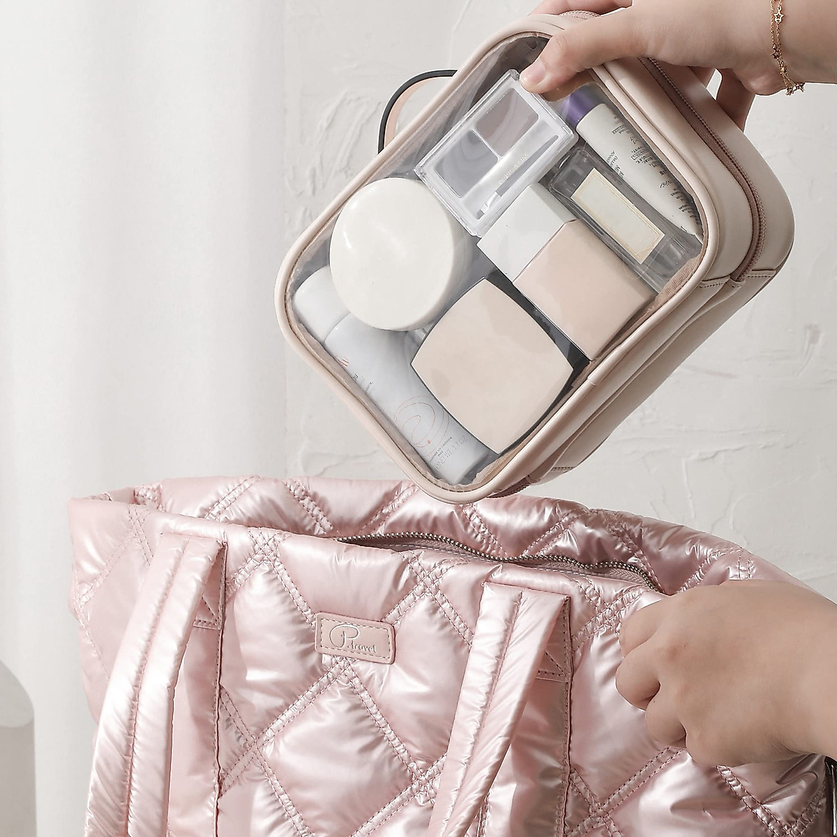 Veki TSA Approved Toiletry Bag Transparent Makeup bag Double Travel Cosmetic bags Case Waterproof Toiletries Bag Large Capacity Open Storage bag Organizer for Women and Girls (Small Pink)