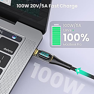 100W USB C to USB C Cable 6.6ft Fast Type C Charger with LED Display PD 5A PD/QC Type C Charging Translucent Cable for Samsung Galaxy S22, iPad, MacBook, Pixel Google, LG and More