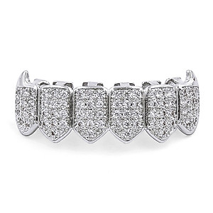 JINAO 18K Gold Plated Iced out CZ Fang Top Bottom Mouth Teeth Grills Set (SILVER BOTTOM)