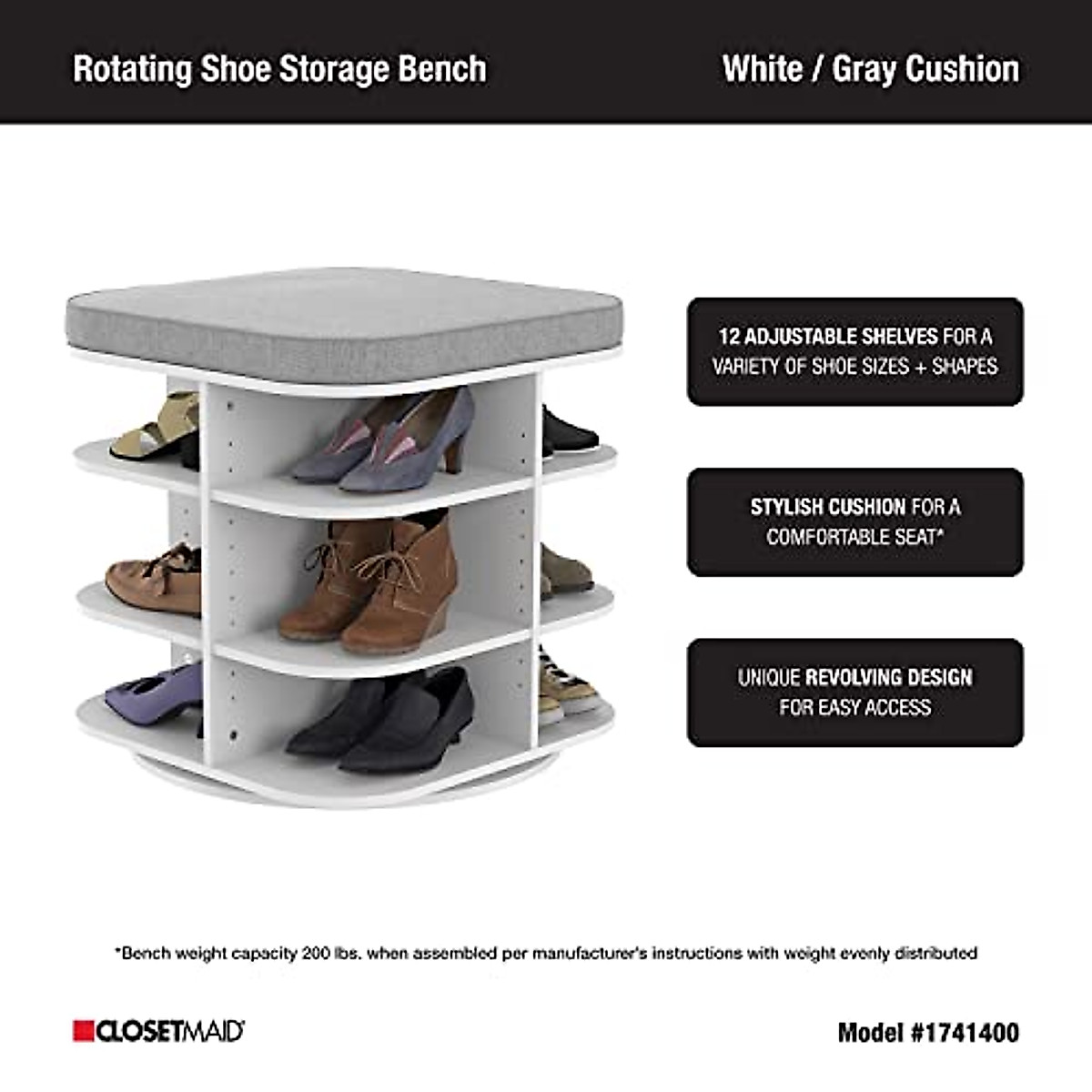 ClosetMaid Shoe Storage Bench Ottoman, Rotating with Gray Cushion, Adjustable, White Finish