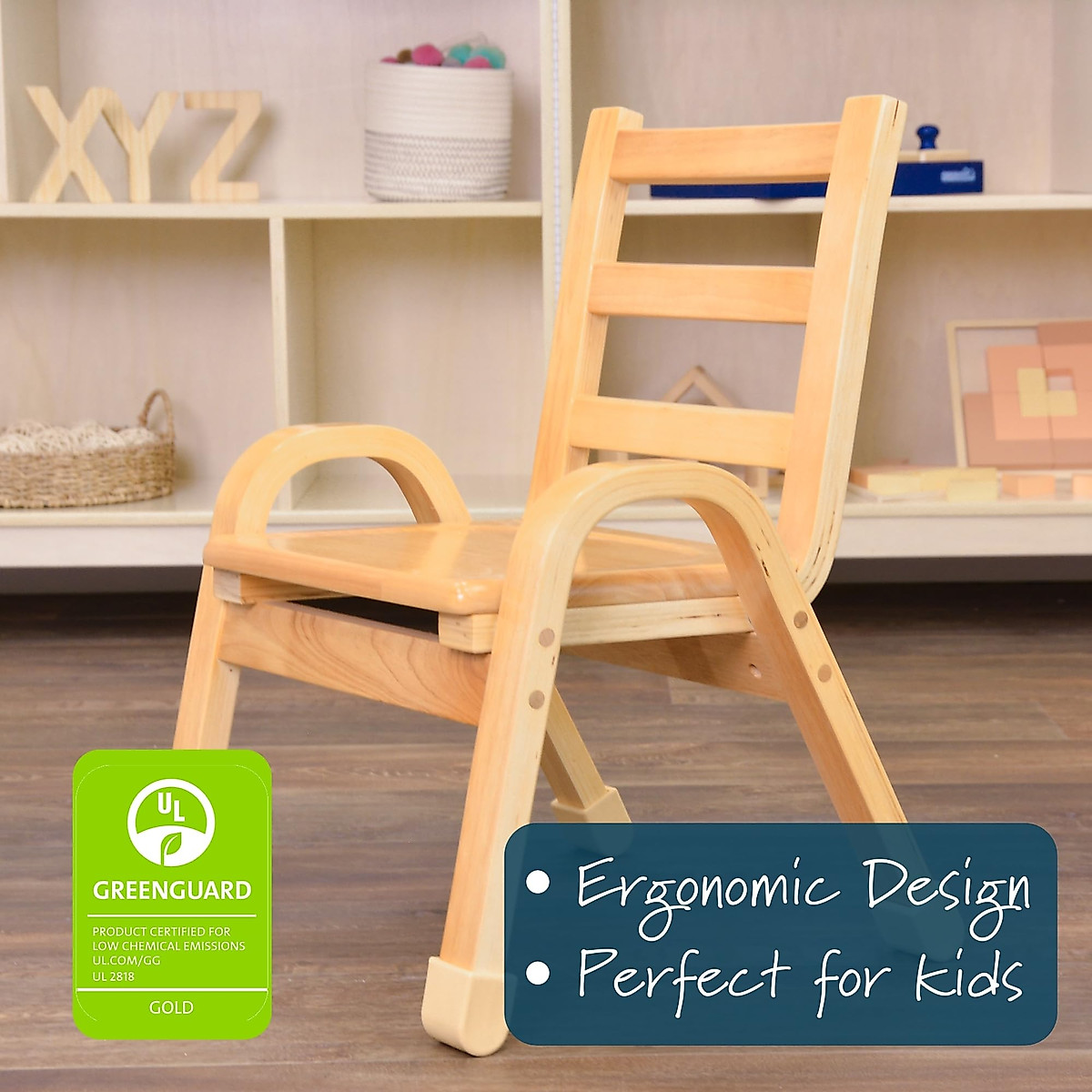 Children’s Factory 11"H NaturalWood Stackable Kids Chair, Hardwood Flexible Seating Classroom Furniture, Toddler Daycare Furniture