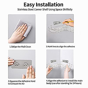 PanderHecop 2Pcs Stainless Steel Shower Caddys, 8 Anti-Rrust Stickers and Hooks Strong Load-Bearing for Right Angle Smooth Bathroom, Kitchen, Toilet (Silver)