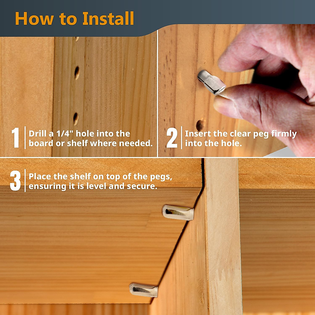 POWERTEC QP1106 1/4 Inch Shelf Pegs 100 pcs, Spoon Shaped Shelf Pins Support Pegs for Shelves, Kitchen Cabinet Shelf, Bookshelf, Closet and Furniture, Nickel Plated Shelf Holders Pegs