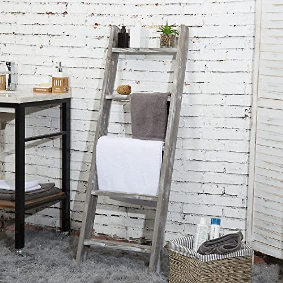 MyGift Gray Washed Wood Decorative Ladder Shelf, 4.5 Foot Wall Leaning Wooden Towel Blanket Ladder Storage Rack for Bathroom or Living Room
