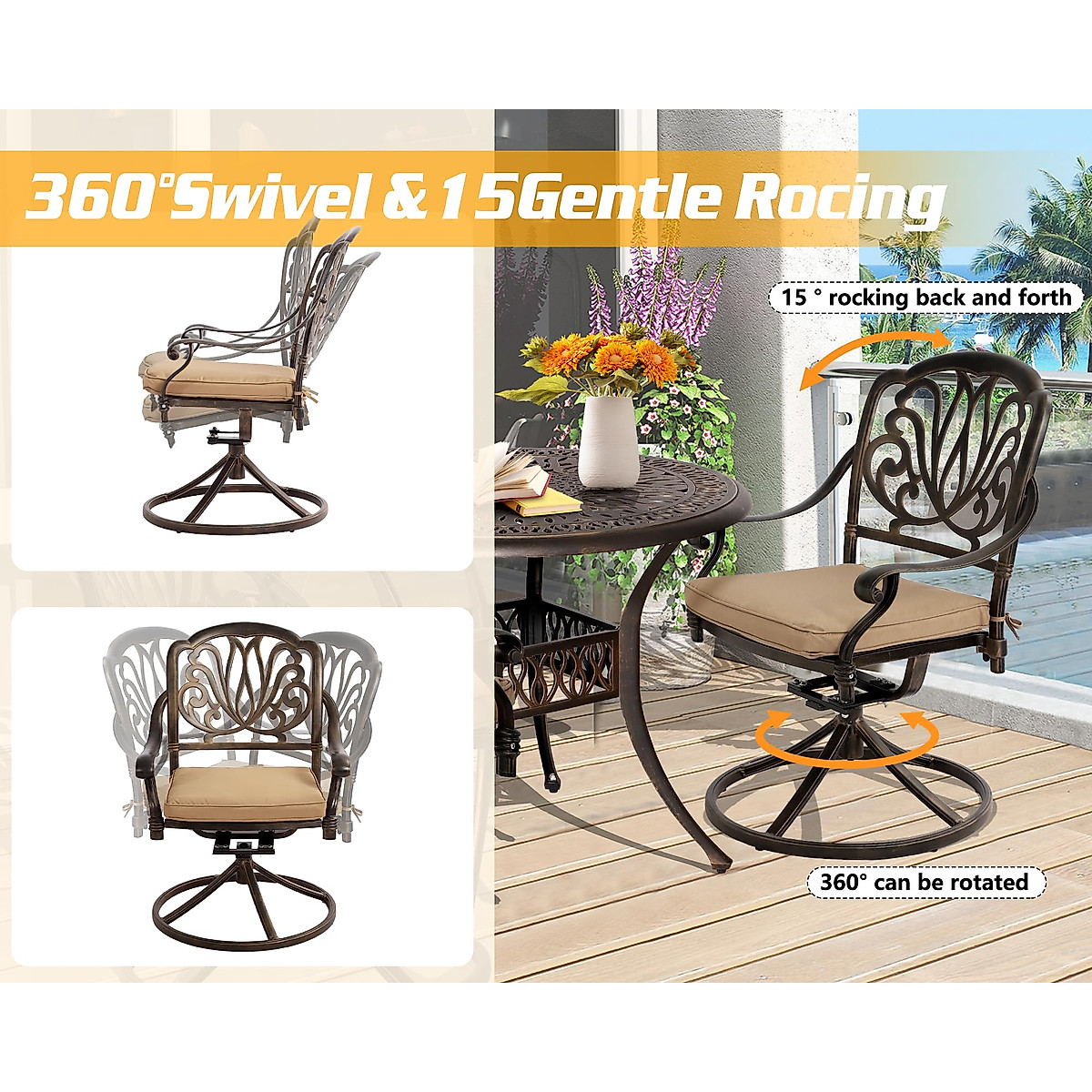 TITIMO 5-Piece Outdoor Patio Dining Set, All-Weather Cast Aluminum Patio Conversation Set with 4 Cushions Swivel Chairs and 35.4" Round Table, Umbrella Hole,for Backyard Garden Deck (Khaki)