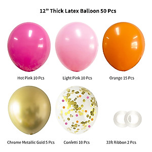 ANSOMO Pink and Orange Latex Balloons Party Decorations 12 Inch 50 Pcs Hot Pink Confetti Gold Ribbons Wedding Birthday Bridal Baby Shower Bachelorette Décor Supplies Girls Women