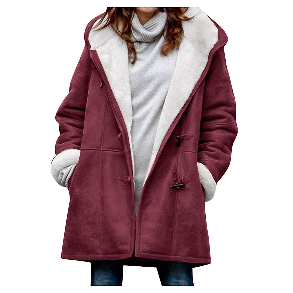 JMMSlmax Winter Warm Fuzzy Fleece Lined Coats Jackets for Women Plus Size Hooded Casual Loose Faux Suede Long Coat Outerwear