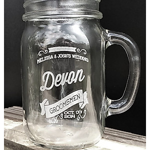 ONE Retro Personalized Mason Jars Drinking Mugs with Handle Engraved Custom Etched with Name and Date for Wedding, Engagement Anniversary Bridal Party Gift Favor Groomsmen Bridesmaids Gifts Gift Idea