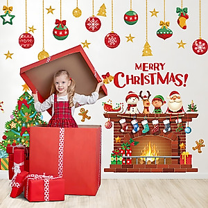 Christmas Wall Decals Christmas Tree Wall Stickers Christmas Ball Fireplace Decals Stickers Removable Merry Christmas Wall Decorations for Xmas Party Bedroom Living Room Office Home Decor, 4 Sheets