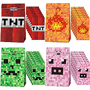 durony 28 Pieces Pixel Treat Bags Kraft Paper Bags Party Gift Bags Goodie Candy Bags with Stickers for Birthday Party Decorations, 9.4 x 5.1 x 3.1 Inches