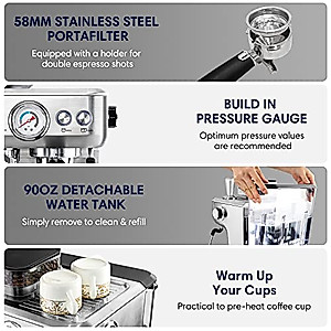 Espresso Machine with Grinder and Milk Frother, 20 Bar Semi Automatic Espresso Coffee Machine Latte and Cappuccino Coffee Maker All in One Espresso Machine For Home Barista, Brushed Stainless Steel