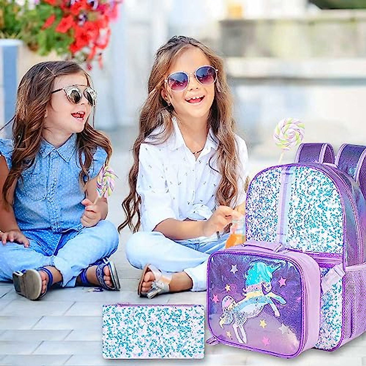 UFNDC 3PCS Unicorn Backpack, 16”Kids Sequin Bookbag for Girls with Lunch Box, School Bag for Elementary Toddler