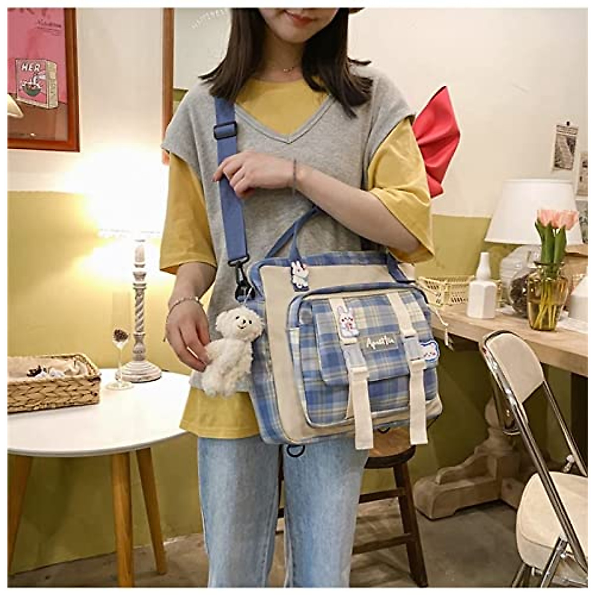 Kawaii Backpack with Kawaii Pin and Bear Plush Mini Cute Japanese School Bag Anime Shoulder Bag (Blue)