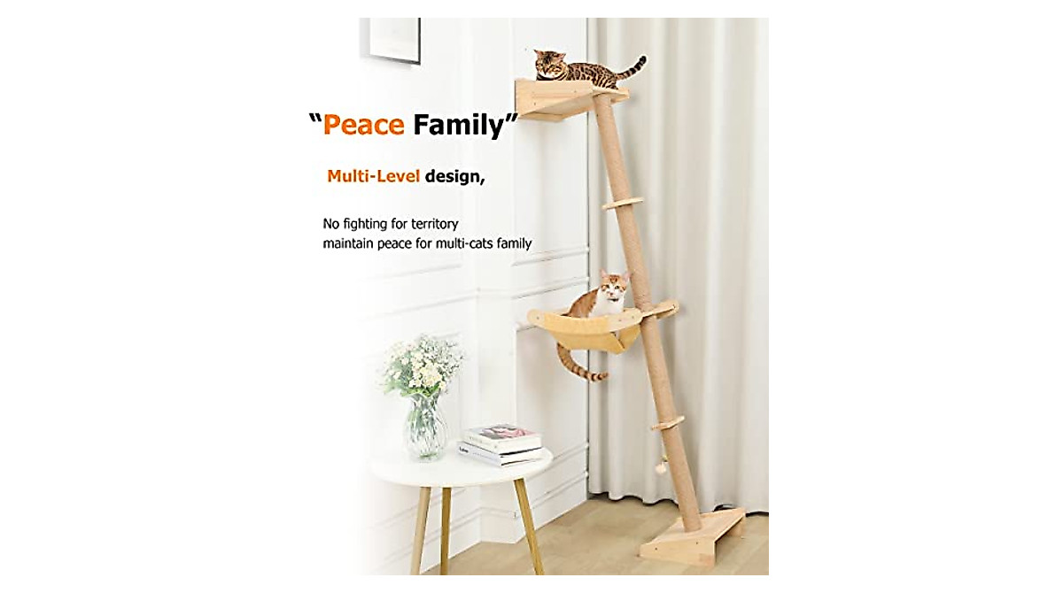 Wall Cat Tree with Hammock - 76" Indoor Cat Climbing Tower