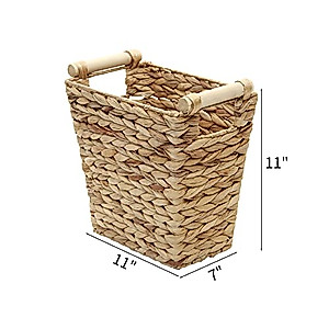 JJSQYLAN Woven Water Hyacinth Storage Basket Wastebasket Straw Storage Basket Decorative Storage Basket with Wood Handles for Kitchen, Home, Office, Craft, Laundry, Utility Room
