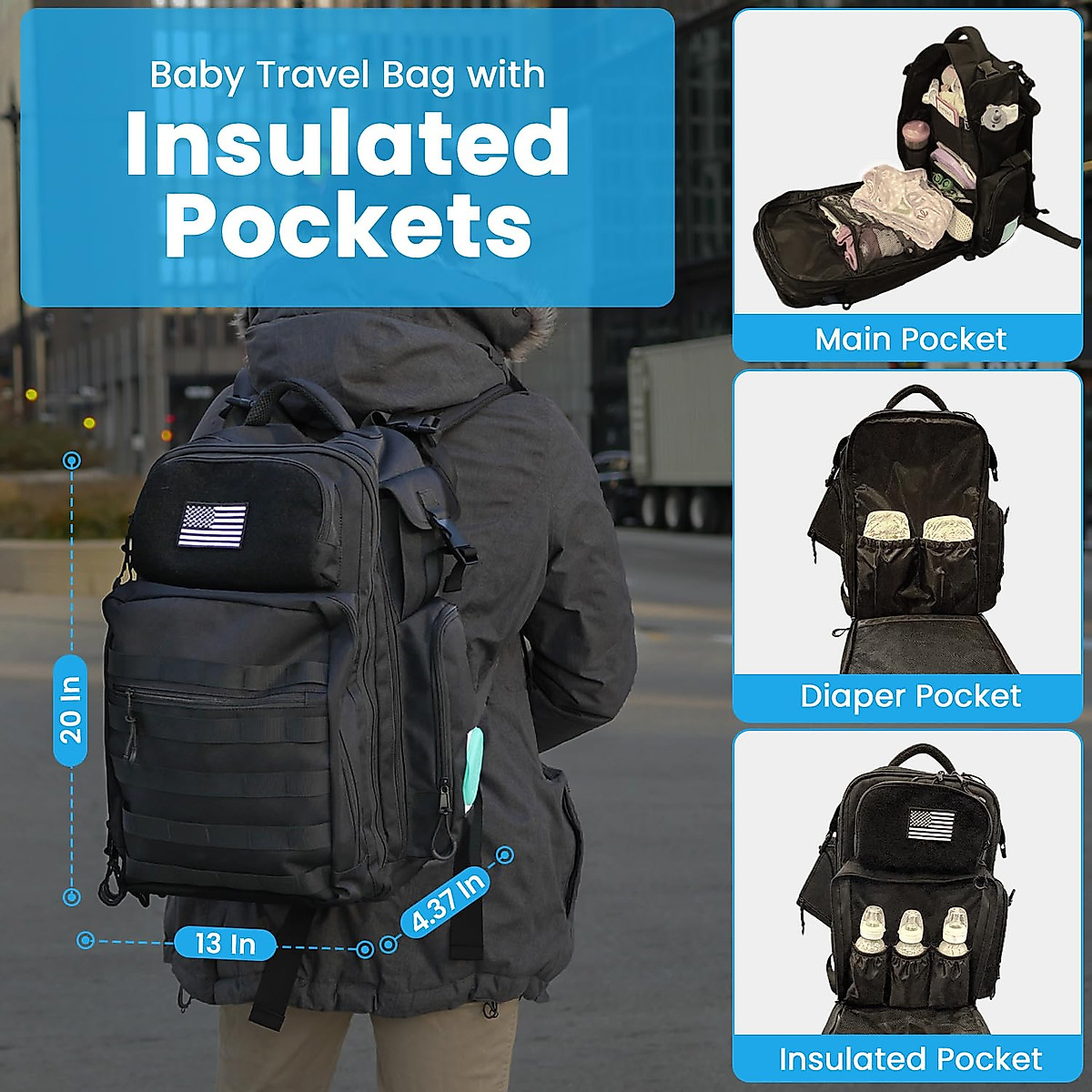 PKB Premium Dad Diaper Bag - Diaper Bag with Changing Station - Baby Diaper Bag for Men - Baby Essentials Waterproof Backpack - Diaper Bag with Insulated Pockets - With Luggage & Stroller Straps