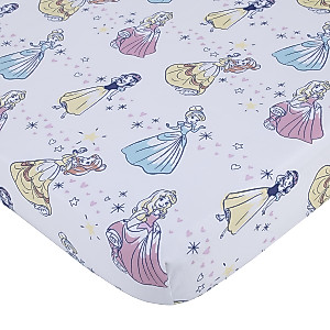 Disney Little Princess Pink, Blue, Yellow and White Stars and Hearts Cinderella, Snow White, Belle and Aurora 6 Piece Nursery Crib Bedding Set