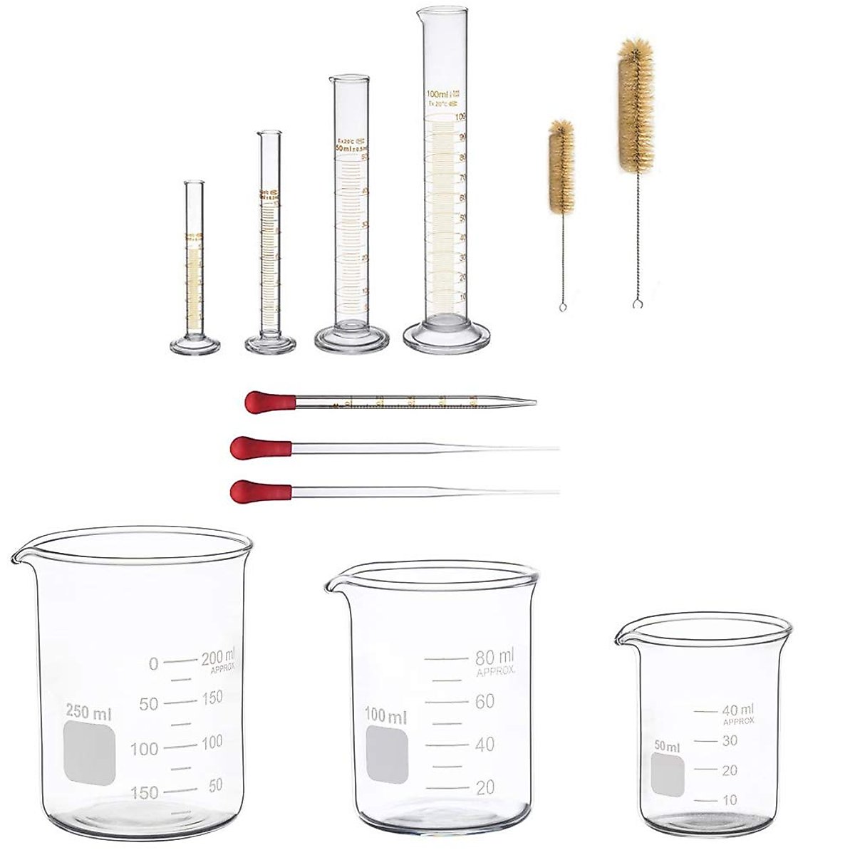 Glass Measuring Low Form Beaker Set 50ml 100ml 250ml and Thick Glass Graduated Measuring Cylinder Set 5ml 10ml 50ml 100ml