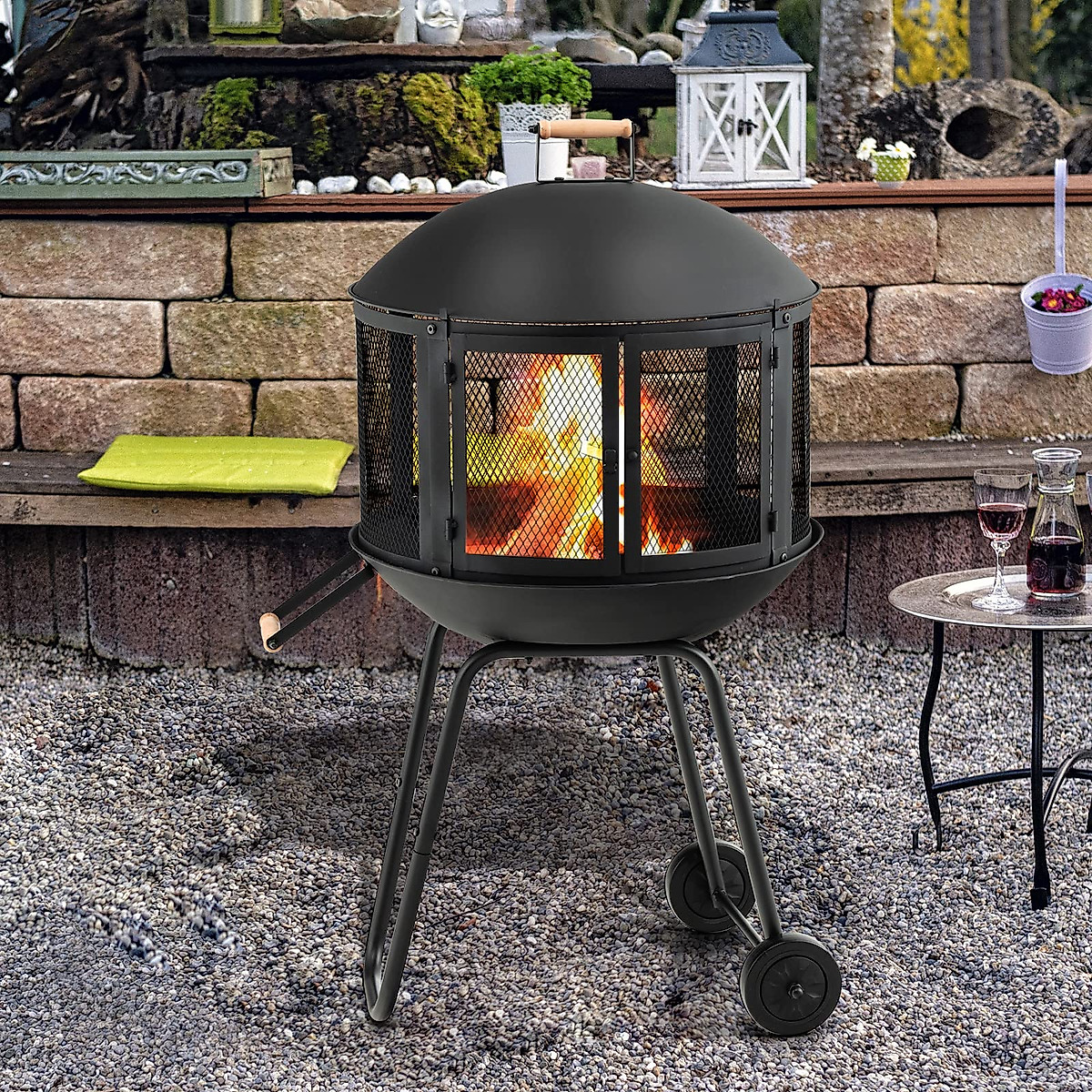 ORALNER Portable Fire Pit on Wheels, 27” Outdoor Wood Burning Firepit Cage w/Spark Screen Cover, Log Grate, Fire Poker, Steel Patio Firepit w/BBQ Grill for Outside Camping, Picnic, Backyard Bonfire