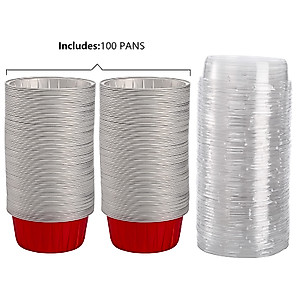 DEAYOU 100 Pack Aluminum Foil Ramekins with Lids, 5oz Muffin Cupcake Baking Liners Cups, 3" Round Disposable Recyclable Tart Pie Tin Pan Holder for Pudding, Party, Wedding, Oven Freezer Safe, Red