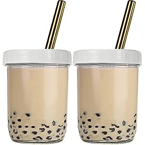 Pckydo Bubble Tea Cups 2 pack, Reusable Wide Mouth Smoothie Cups, Iced Coffee Cups With White Lids and Gold Straws Mason Jars Glass Cups, Travel Glass Drinking Bottle (16oz, Gold Straws)