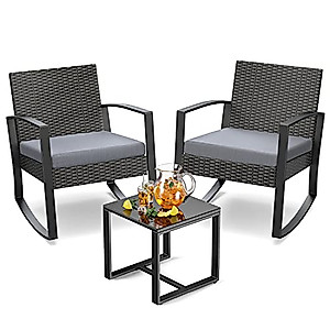 3 Pieces Wicker Patio Furniture Set, Modern Rocking Conversation Set with Coffee Table, Outdoor Rattan Patio Chairs Bistro Set for Balcony Porch Garden Yard Poolside, Grey