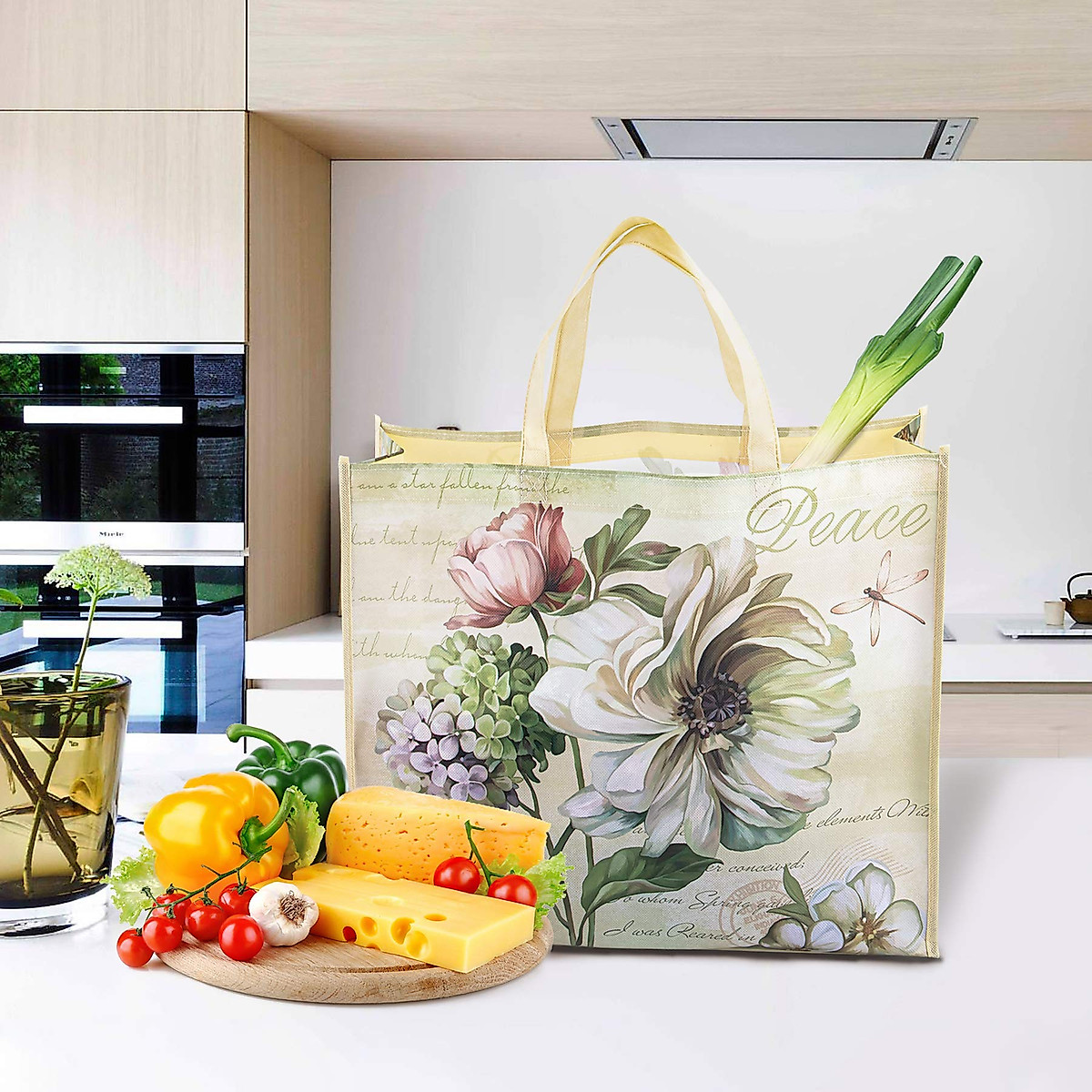 NymphFable 6 Pack Grocery Bags Reusable Butterfly Dragonfly Peony Shopping Bags Washable Foldable Tote Bag 50LBS