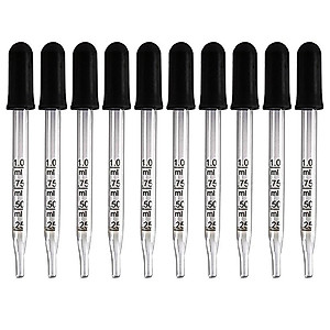 ccHuDE 10 Pcs 1ml Straight Tip Droppers Glass Eye Droppers Liquid Measuring Droppers Lab Dropping Pipettes Essential Oil Droppers with Black Rubber Head