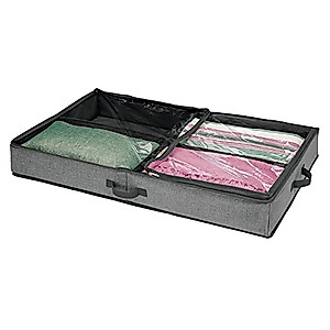 mDesign Soft Fabric Under Bed Storage Organizer Holder Bag for Clothing, Accessories, Boots - Easy-View Top Panel, 2-Way Zippered Lid, Side Handles, 4 Sections - Chevron Zig-Zag Print - Charcoal/Black
