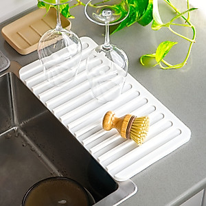 Ternal Silicone self draining and Dish Drying mat, Ideal Sink Side Waterproof Trivet mat 15x8x0.5 (White)