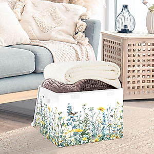 Wassud Storage Bins with Lids Spring Floral Collapsible Stackable Fabric Linen Baskets Closet Organizer Container,16.5"x12.6"x11.8"