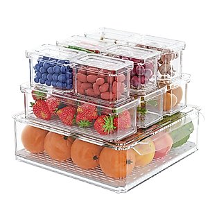 Santiccipa Refrigerator Organizers and Storage, 10 Pack Stackable Clear Drawer Storage Containers and Bins with Lids for Salad Bar, Fruits, Vegetables, Food, Produce, Kitchen and Fridge Organization