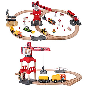 Winb Wooden Train Tracks 70pcs & Construction site Wooden Train Track, Gift Packed Toy Railway Kits for Kids, Toddler Boys and Girls Premium Wood Construction Toys-Fits 70pcs