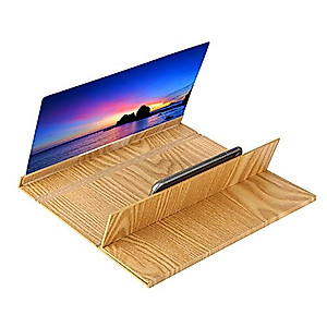 Lazmin112 12” Phone Screen Magnifier, Foldable Anti-Radiation Definition Mobile Phone Screen Amplifier with Wood Grain Phone Holder Stand, Smartphone Magnifying Stand(Gold)