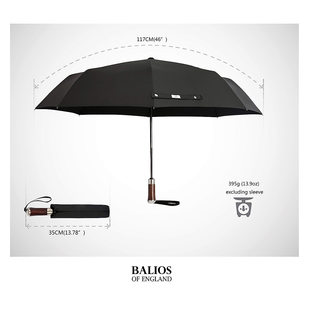 Balios (Designed in UK) Travel Umbrella Luxurious Golden Hardwood Handle Auto Open & Close Windproof Frame Single Canopy Automatic Folding Umbrella Men's & Ladies (Jet Black)