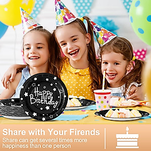 CENLBJ Happy Birthday Party Paper Plates,Black Birthday Dessert Plates,7inch-50pcs,Foil Polka Dots Paper Plates for Birthday Party Decorations