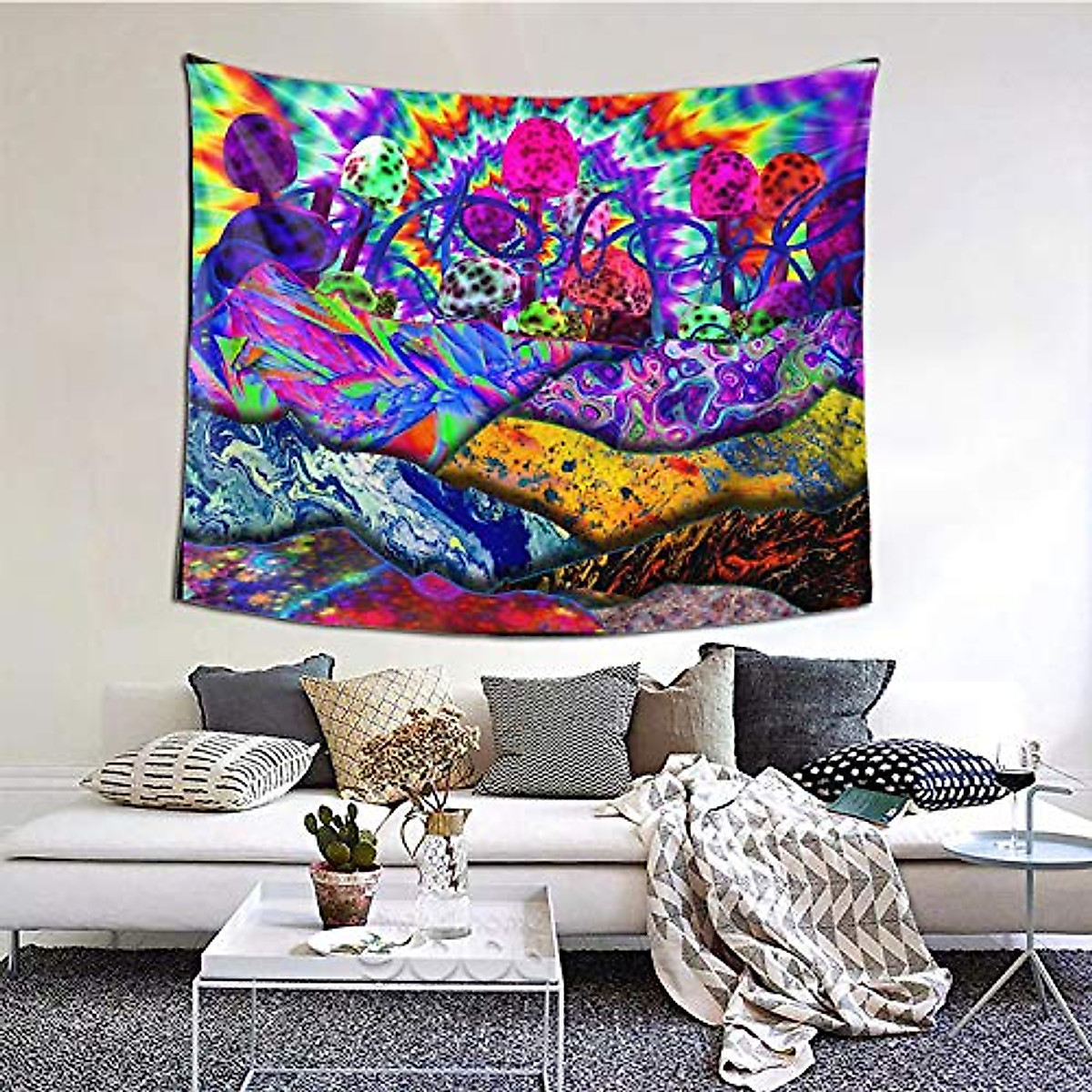 Trippy Tapestry Psychedelic Mountain - Magic Mushroom Wall Hanging Multiple Colorful Hippie Tapestries Art Window Treatments Valance Bedroom Decor Living Room Door Curtain Balcony Sheer Room Divider