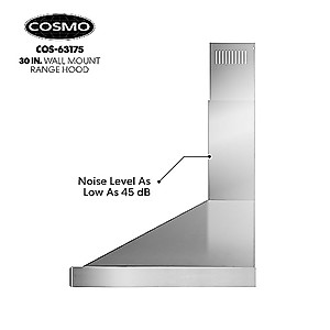 COSMO 63175 30 in. Wall Mount Range Hood with 380 CFM, Ducted, 3-Speed Fan, Permanent Filters, LED Lights, Chimney Style Over Stove Vent in Stainless Steel