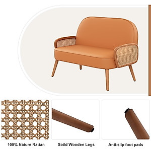 WENTMENT Loveseat Sofa Small Couch for Living Room, Faux Leather Mini Couch Love Seat with Natural Rattan Armrest and Solid Wooden Legs Small Sofa for Small Space, Bedroom, Apartment（Orange）