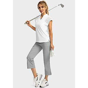 Soothfeel Women's Golf Shirt Cap Sleeve V Neck Polo Shirts Lightweight Quick Dry Workout Tennis Shirts Tops for Women(White, L)