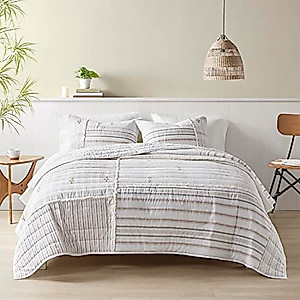 INK+IVY Salar Cotton Quilt Set - Stripe Patchwork Design with Fringe Trim Accent, Prewashed Coverlet, All Season, Breathable and Lightweight Cover, Cozy Summer Blanket, Full/Queen Natural 3 Piece