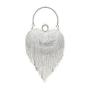 UMREN Women Luxury Heart Shape Tassel Evening Clutch Bag Rhinestones Wedding Party Purse Handbag Silver 1