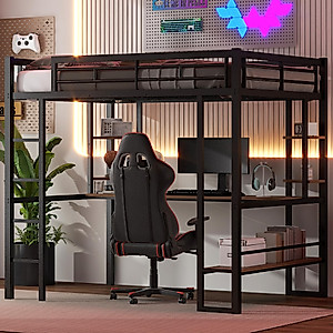 SOFTSEA Full Loft Bed with Desk and Storage Shelves High Metal Loft Bunk Bed with Ladder, No Box Spring Needed