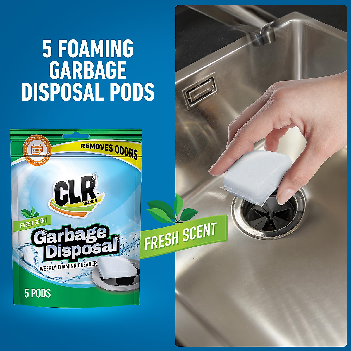 CLR Fresh & Clean Garbage Disposal, Fresh Scent Weekly Foaming Cleaning Pods, 5 Pods Total (Packaging May Vary)