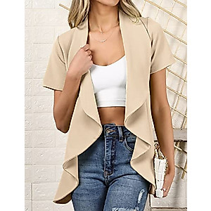 DOUBLJU Casual Draped Ruffles Blazer Short Sleeve Basic Open Front Cardigan Jacket for Womens with Plus Size Work Office Suit