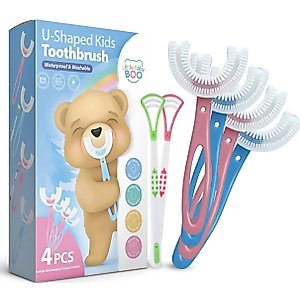 U Shaped Toothbrush l Kids Toothbrushes With Silicone Brush Head - Soft Manual Training Toothbrush, 360° Oral Teeth Cleaning Design for Children, Childrens U Shaped Toothbrush, 4 Pack Kids