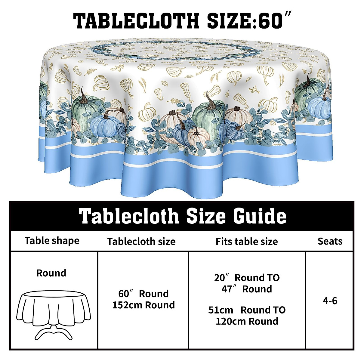 Miaoquhe Fall Blue Pumpkin Round Table Cloth 60 Inch Farmhouse Autumn Harvest Round Tablecloth Fall Thanksgiving Decorative Table Cloth Seasonal Dining Table Cover for Home Kitchen Picnic Party