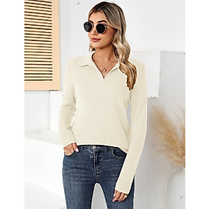 Romanstii Women's Knitted Polo Sweaters Long Sleeve V Neck Collared Shirts Winter Pullover Tops,Beige,L